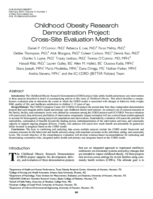 (PDF) Childhood Obesity Research Demonstration Project: Cross-Site ...