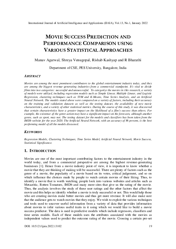 (PDF) Movie Success Prediction and Performance Comparison using Various ...