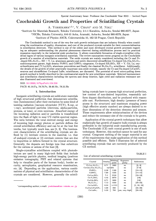 (PDF) Czochralski Growth and Properties of Scintillating Crystals