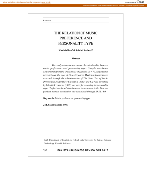 (PDF) The Relation of Music Preference and Personality Type