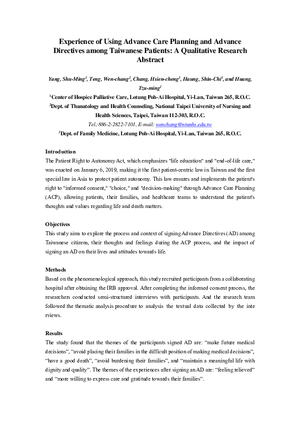 (PDF) Experience of Using Advance Care Planning and Advance Directives ...