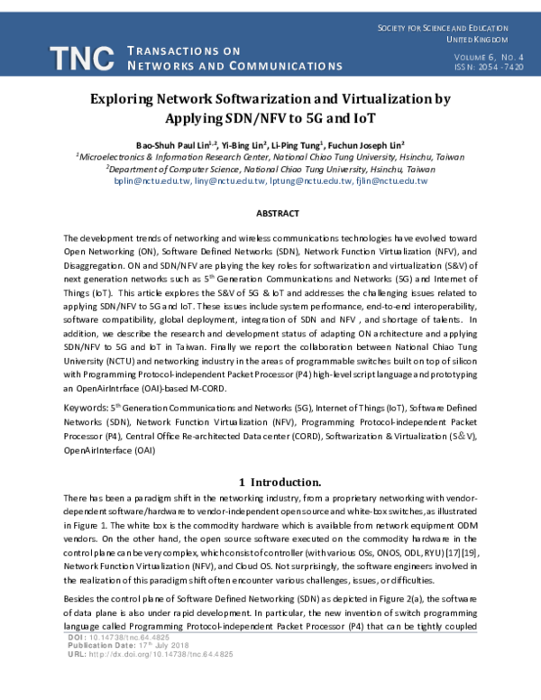 (PDF) Exploring Network Softwarization and Virtualization by Applying SDN/NFV to 5G and IoT