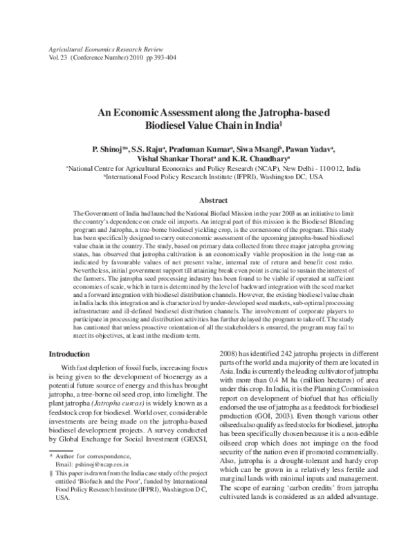 (PDF) An Economic Assessment along the Jatropha-based Biodiesel Value ...