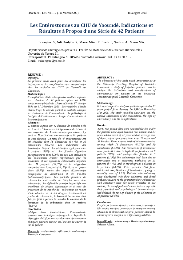 (PDF) Les Entérostomies au CHU de Yaoundé. Indications et Résultats à ...