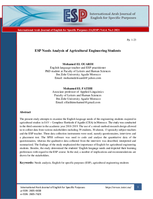 (PDF) ESP Needs Analysis of Agricultural Engineering Students