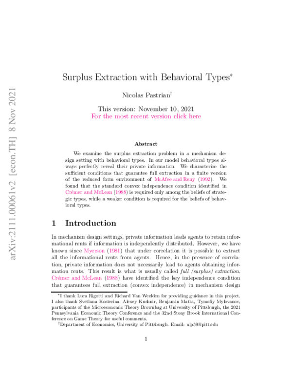 (PDF) Surplus Extraction with Behavioral Types
