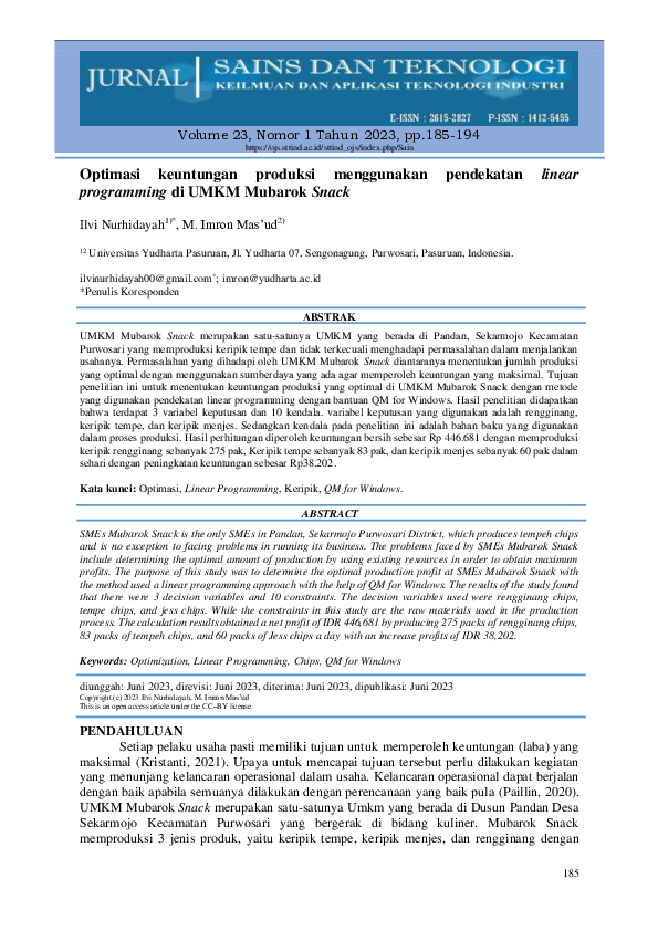 (PDF) Optimasi Keuntungan Produksi Menggunakan Pendekatan Linear Programming DI Umkm Mubarok Snack