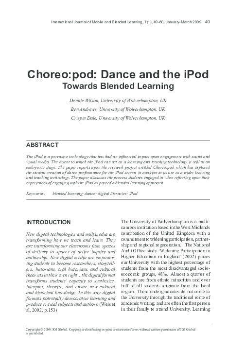 (PDF) Choreo:pod: Dance and the iPod Towards Blended Learning