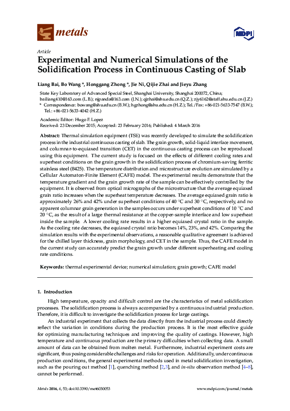 (PDF) Experimental and Numerical Simulations of the Solidification Process in Continuous Casting ...
