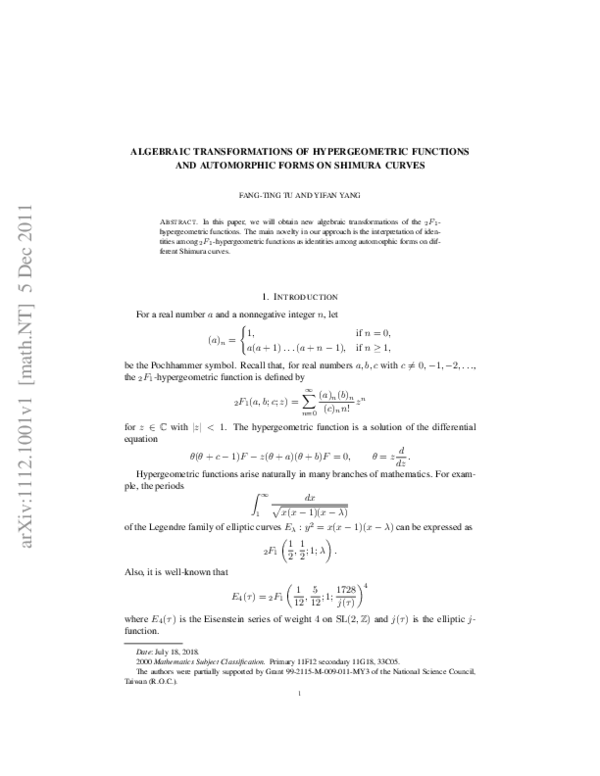 (PDF) Algebraic transformations of hypergeometric functions and automorphic forms on Shimura curves