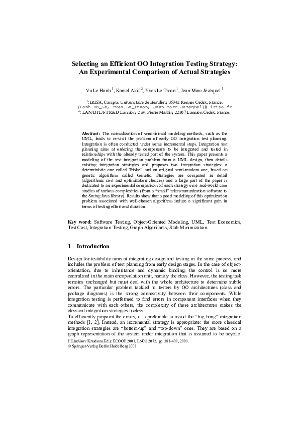 Pdf Selecting An Efficient Oo Integration Testing Strategy An Experimental Comparison Of