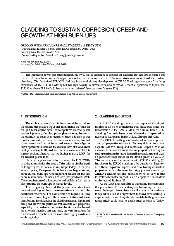(PDF) Cladding to Sustain Corrosion, Creep and Growth at High Burn-Ups