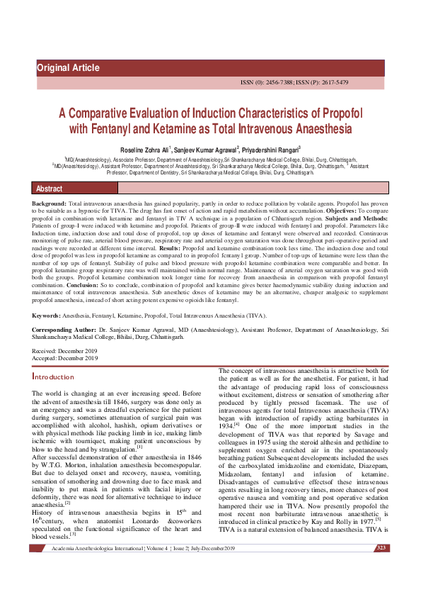 (PDF) Induction of TIVA: Propofol with Ketamine vs Fentanyl