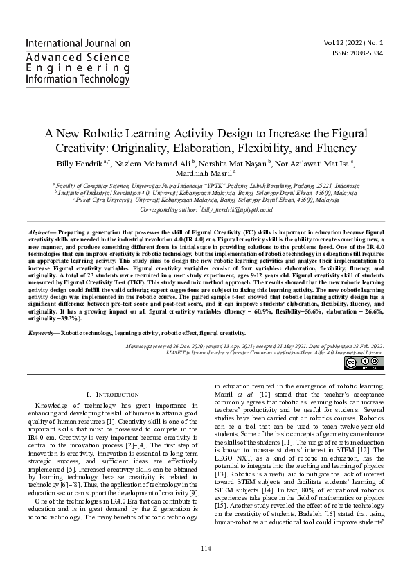 (PDF) A New Robotic Learning Activity Design to Increase the Figural Creativity: Originality ...