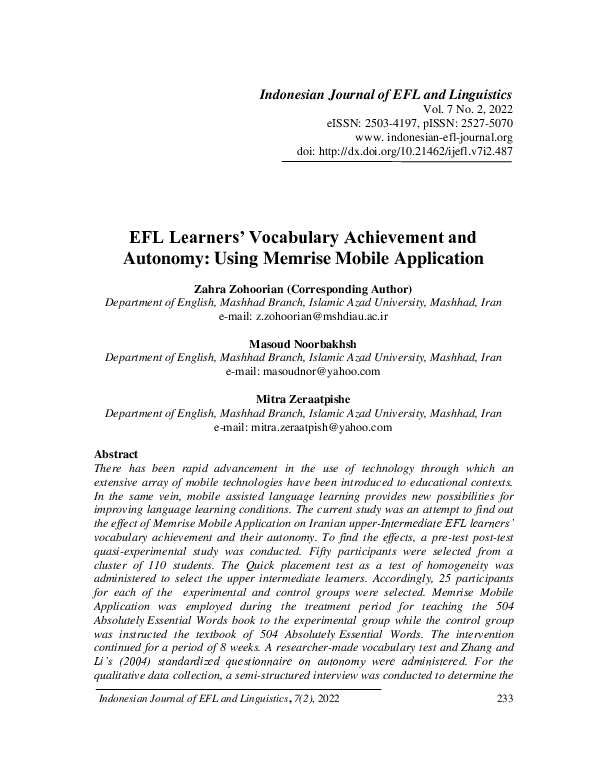 (PDF) EFL Learners’ Vocabulary Achievement and Autonomy: Using Memrise ...