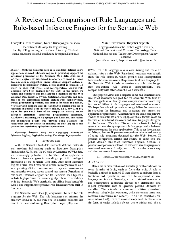 (PDF) A review and comparison of rule languages and rule-based inference engines for the ...