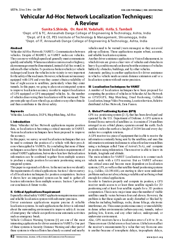 (PDF) Vehicular Ad-Hoc Network (VANET) Localization techniques