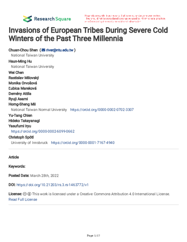 (PDF) Invasions of European Tribes During Severe Cold Winters of the ...