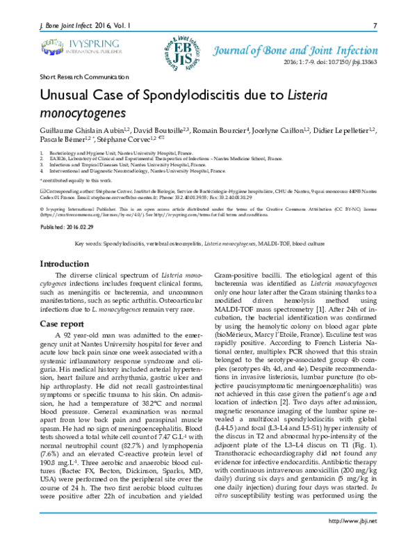 (PDF) Unusual Case of Spondylodiscitis due to Listeria monocytogenes | Didier Lepelletier ...
