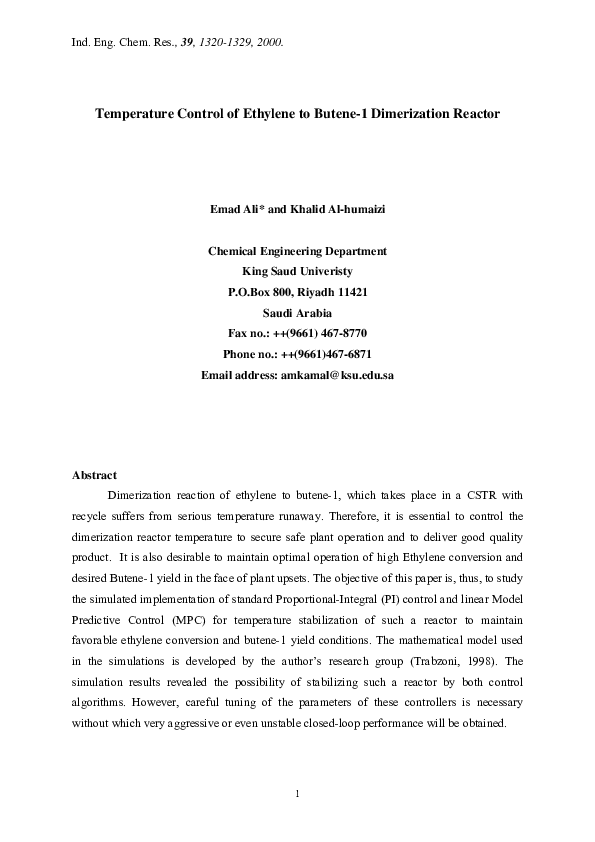 (PDF) Temperature Control of Ethylene to Butene-1 Dimerization Reactor