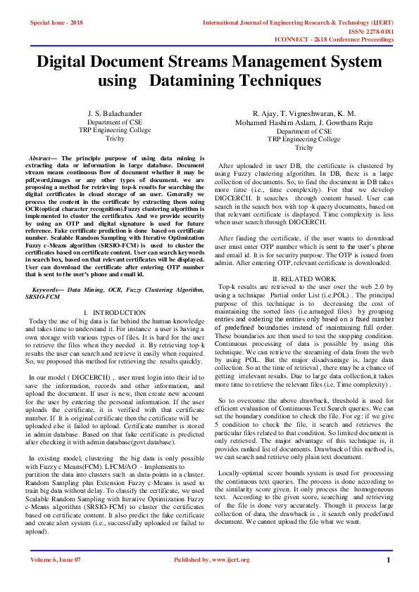 (PDF) Digital Document Streams Management System using Datamining Techniques
