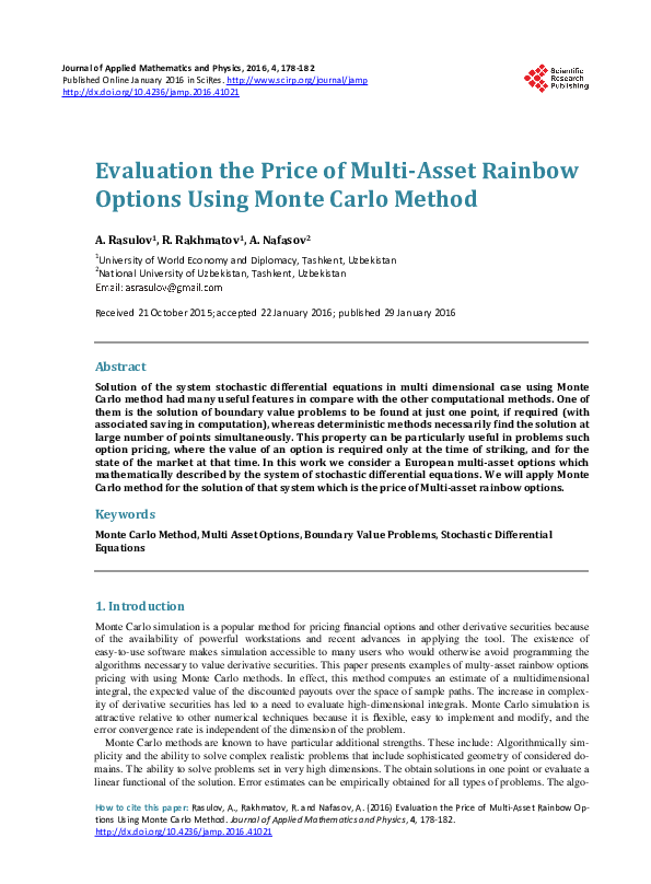 Pdf Pricing Multi Asset Rainbow Options With Monte Carlo Methods
