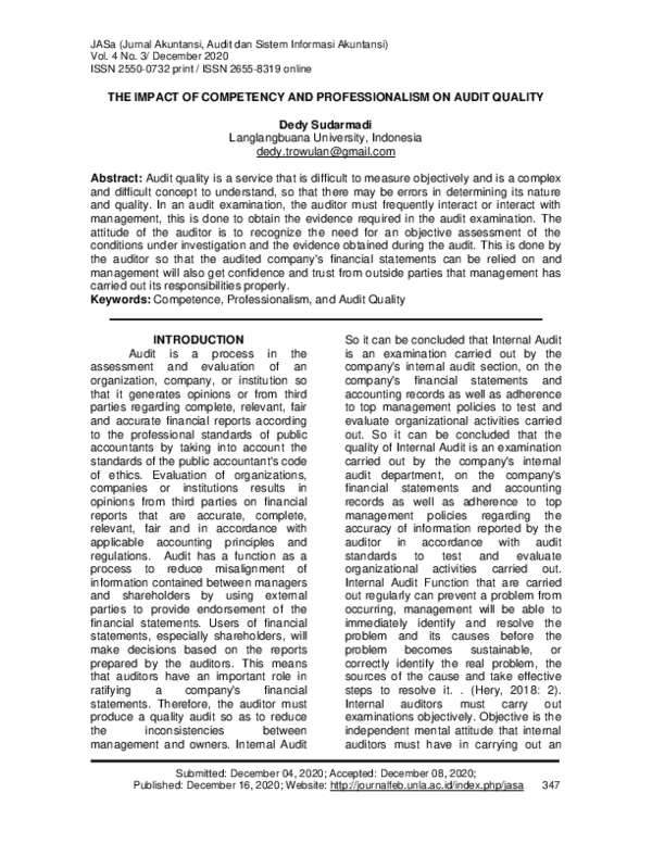 (PDF) The Impact of Competency and Professionalism on Audit Quality