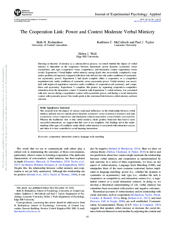 (PDF) The cooperation link: Power and context moderate verbal mimicry