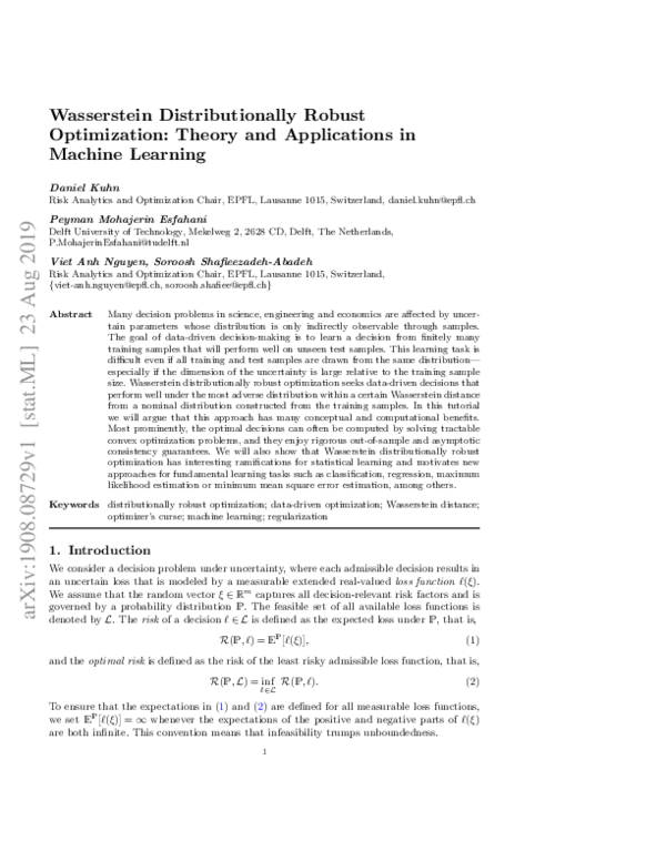 Pdf Wasserstein Distributionally Robust Optimization Theory And Applications In Machine Learning