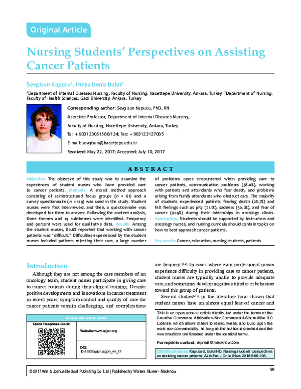 (PDF) Nursing students' perspectives on assisting cancer patients