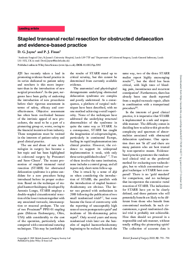 (PDF) Stapled transanal rectal resection for obstructed defaecation and ...