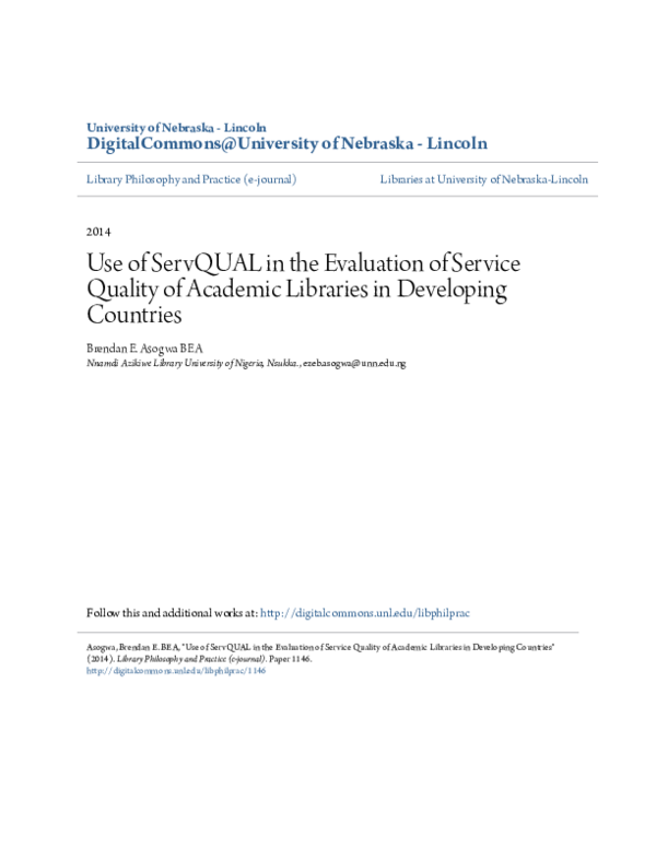 (PDF) Use of ServQUAL in the Evaluation of Service Quality of Academic Libraries in Developing ...