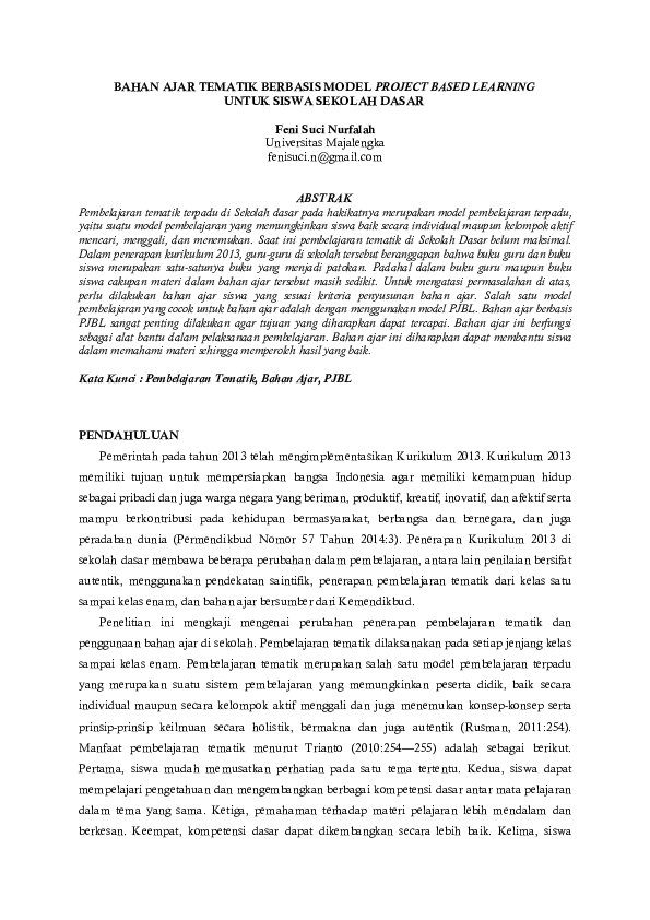 (PDF) Bahan Ajar Tematik Berbasis Model Project Based Learning Untuk Siswa Sekolah Dasar