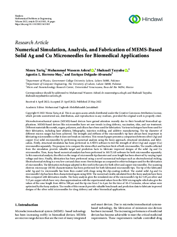 (PDF) Numerical Simulation, Analysis, and Fabrication of MEMS-Based Solid Ag and Cu Microneedles ...