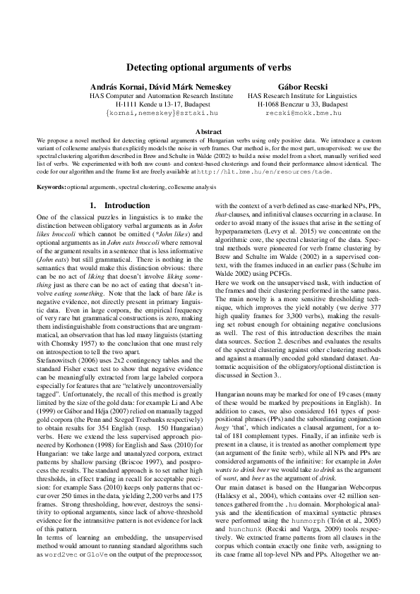 Pdf Detecting Optional Arguments Of Verbs