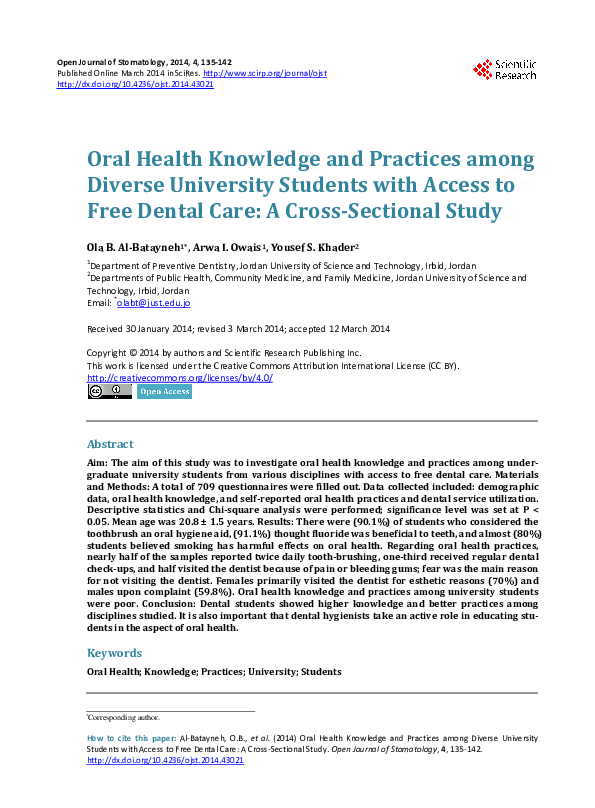 (PDF) Oral Health Knowledge and Practices among Diverse University ...