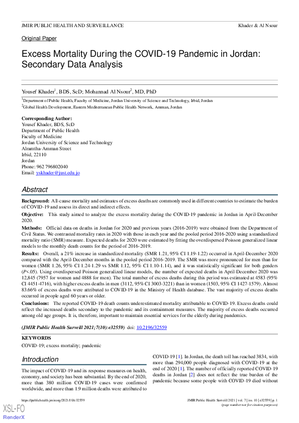 (PDF) Excess Mortality During the COVID-19 Pandemic in Jordan ...