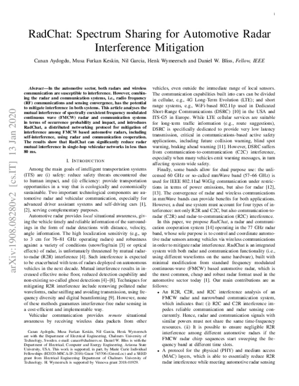 (PDF) RadChat: Spectrum Sharing for Automotive Radar Interference Mitigation