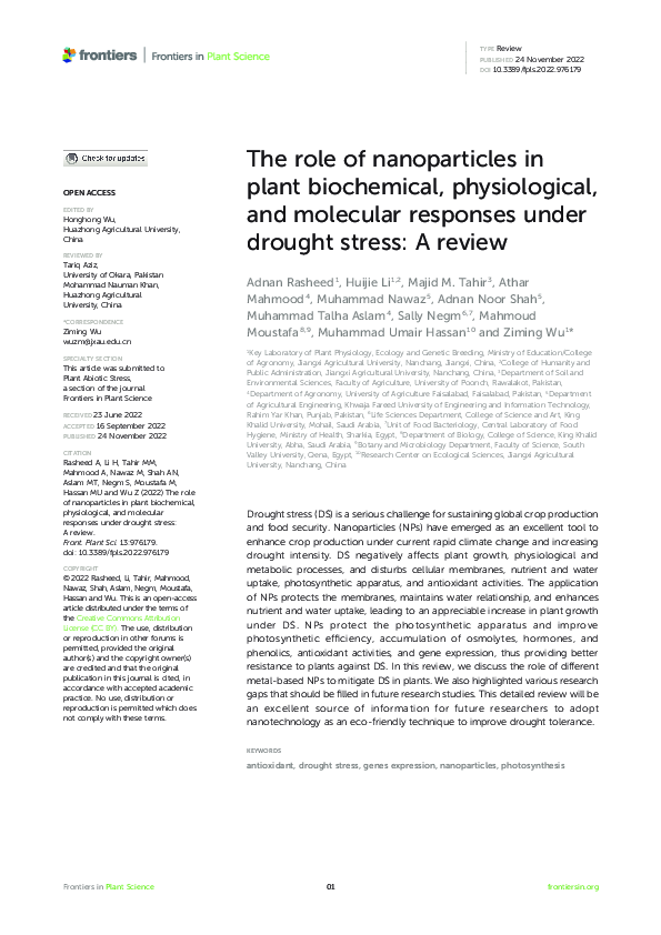 (PDF) The role of nanoparticles in plant biochemical, physiological, and molecular responses ...