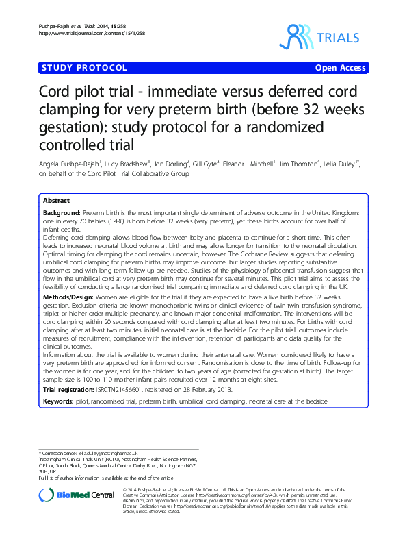 (PDF) Cord pilot trial - immediate versus deferred cord clamping for ...