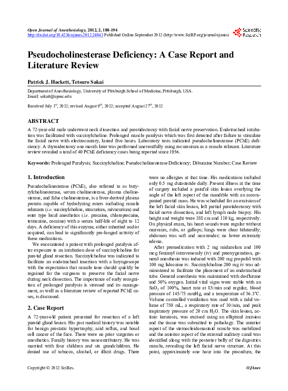 (PDF) Pseudocholinesterase Deficiency: A Case Report and Literature Review