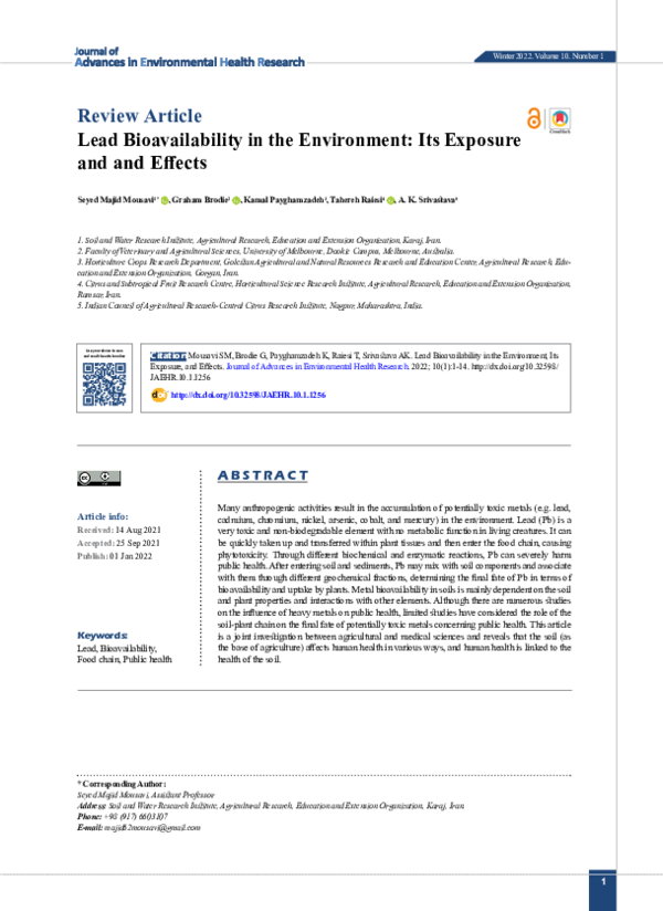(PDF) Lead Bioavailability in the Environment: Its Exposure and and Effects