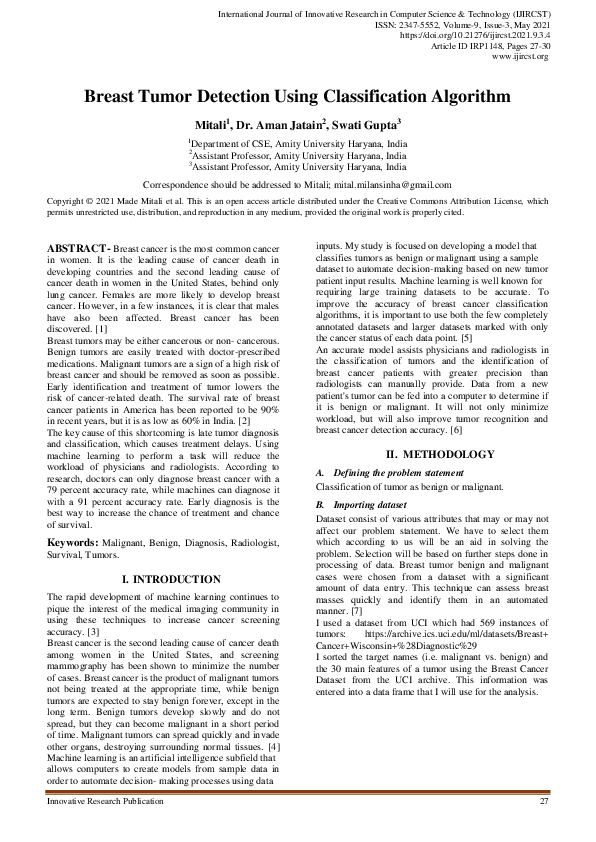 (PDF) Breast Tumor Detection Using Classification Algorithm
