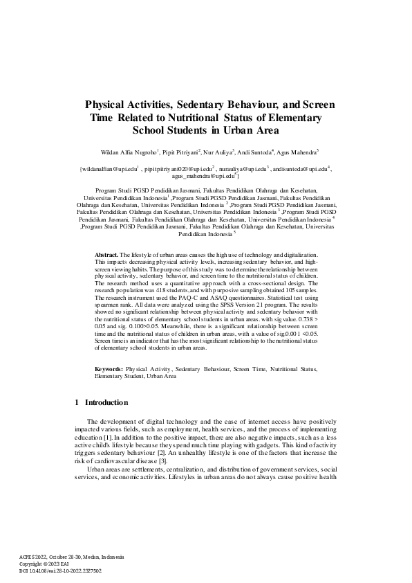 (PDF) Physical Activities, Sedentary Behaviour, and Screen Time Related to Nutritional Status of ...