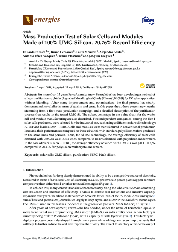 (PDF) Mass Production Test of Solar Cells and Modules Made of 100% UMG ...