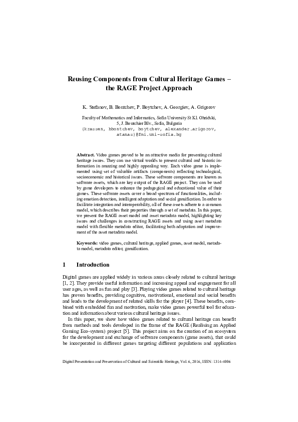 (PDF) Reusing Components from Cultural Heritage Games – the RAGE Project Approach