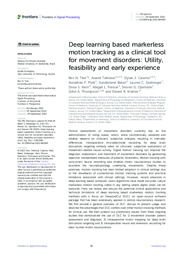 (PDF) Deep learning based markerless motion tracking as a clinical tool for movement disorders ...