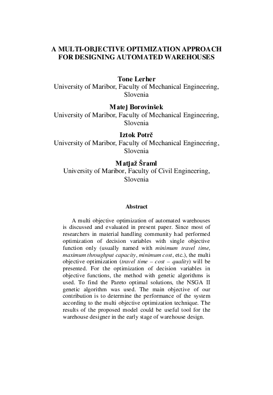(PDF) A MULTI-OBJECTIVE OPTIMIZATION APPROACH FOR DESIGNING AUTOMATED WAREHOUSES Tone Lerher