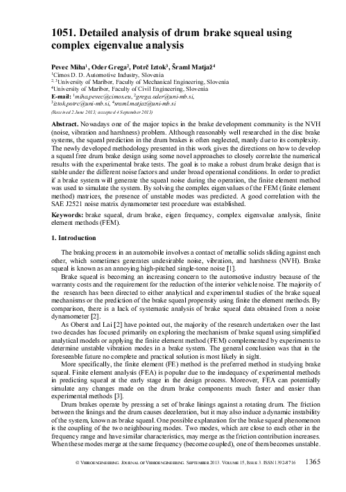 (PDF) Detailed analysis of drum brake squeal using complex eigenvalue analysis