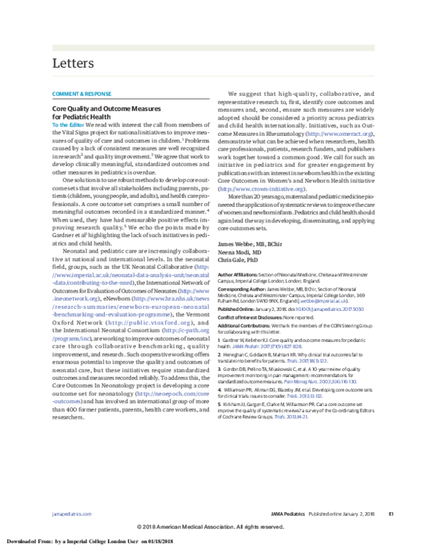 (PDF) Core Quality and Outcome Measures for Pediatric Health